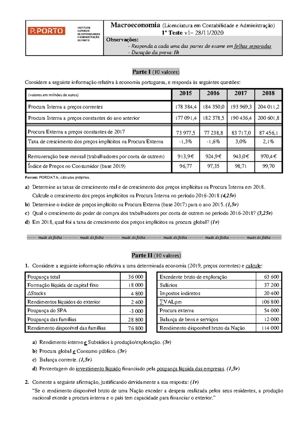 1º Teste de Macroeconomia - Lic. em Contabilidade e Adm. 2020/21 - Studocu