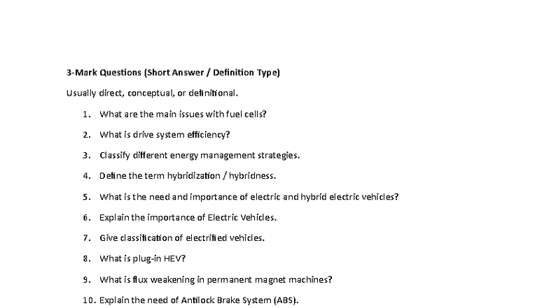 Q Bank - Short Answer & Descriptive Questions on EVs and HEVs - Studocu