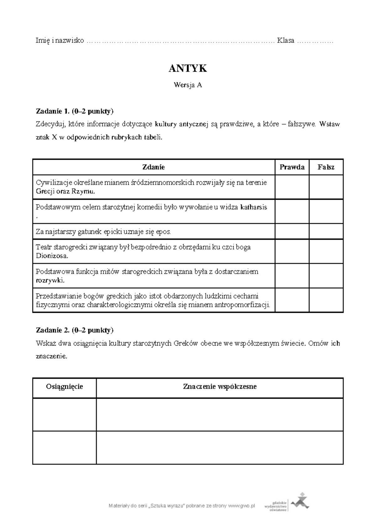 Antyk test wersja A - Zadania i Pytania do Kultury Starożytnej - Studocu
