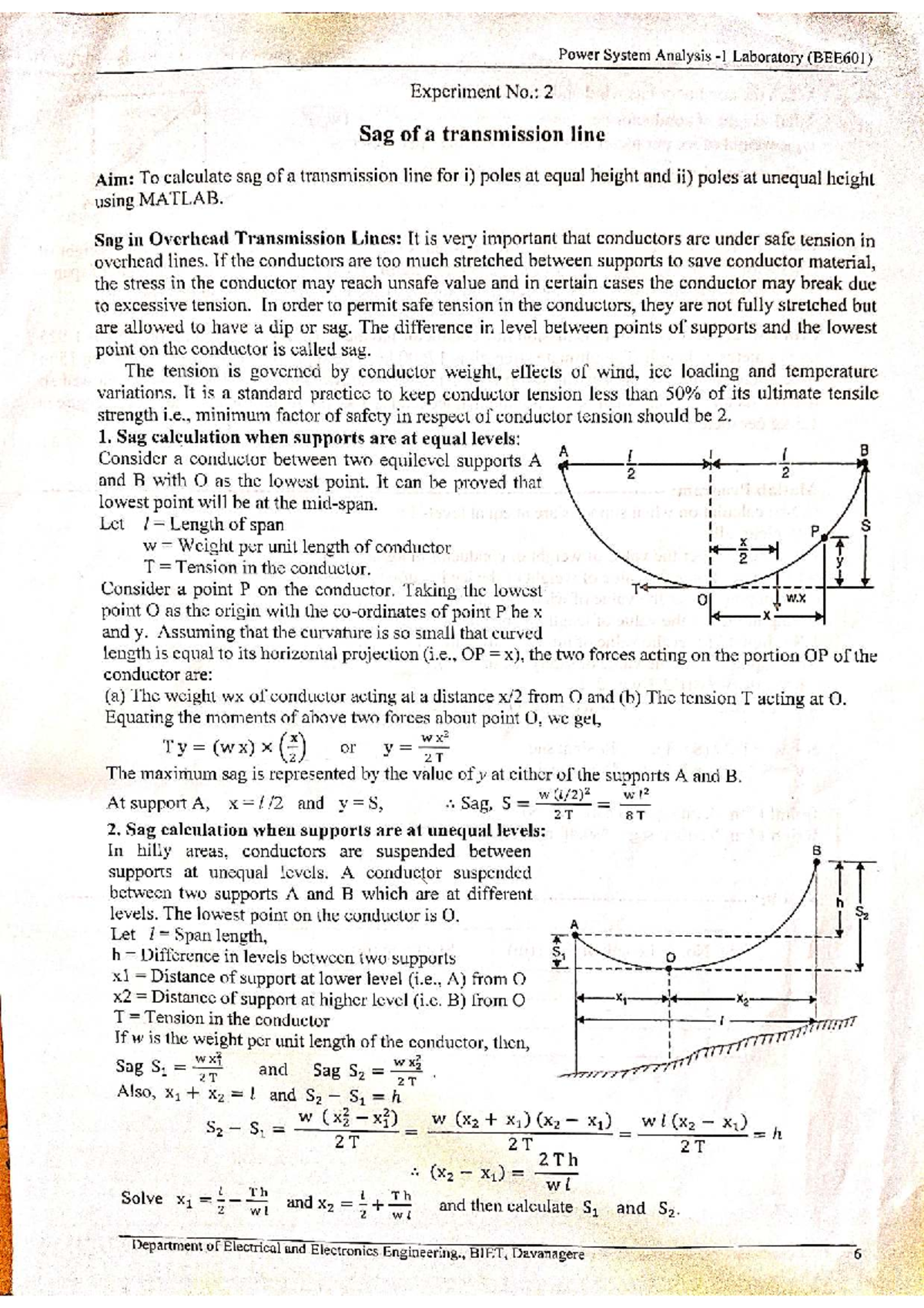 Power System Analysis Lab (BEE601) Experiment 2: Sag Calculation in ...