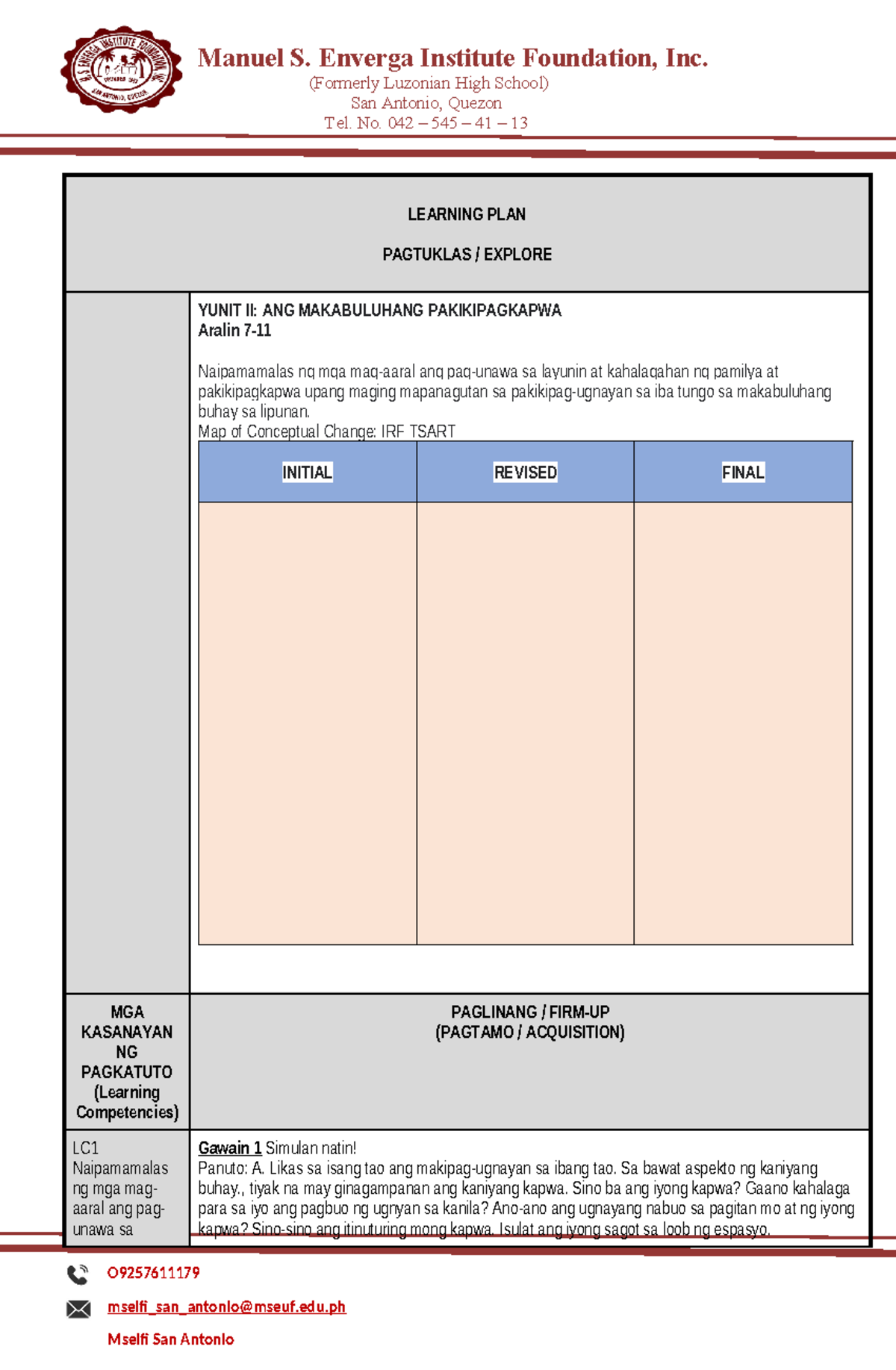 ESP 8 - Learning Plan for 2nd Quarter: Exploring Relationships - Studocu