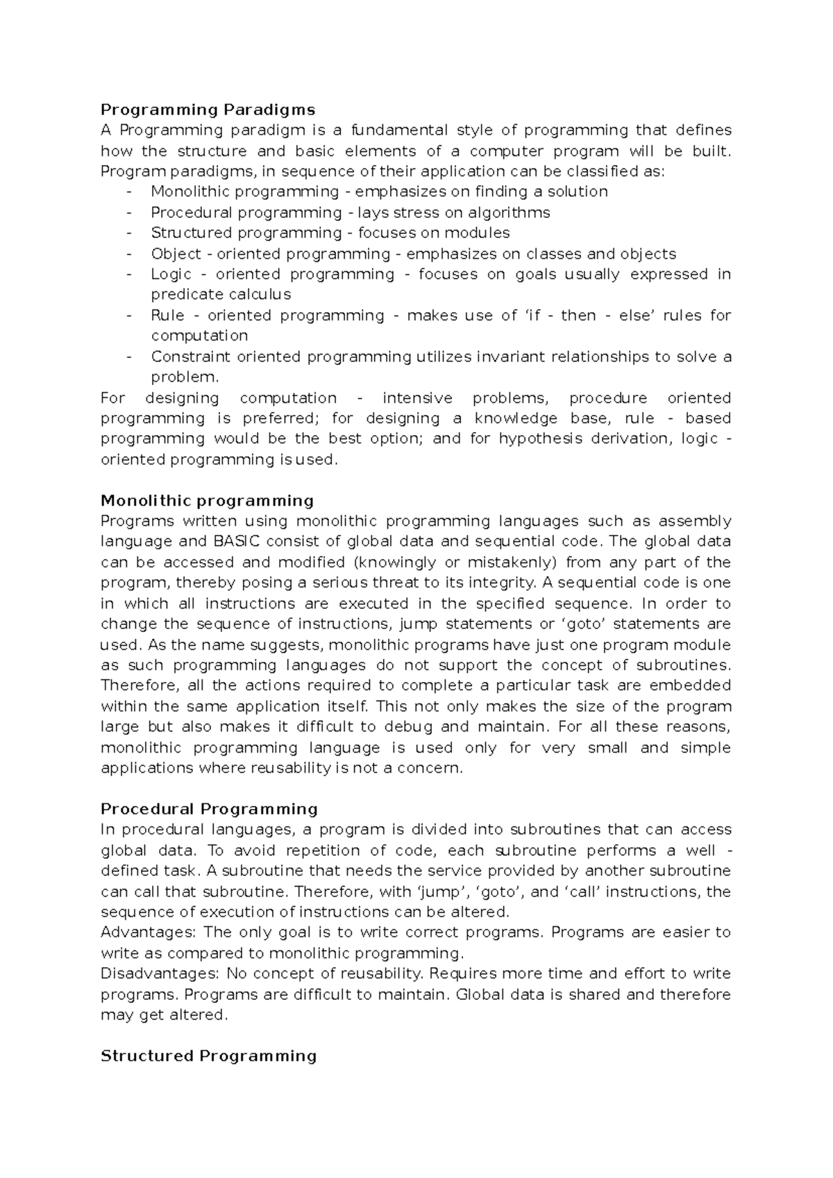 Module 1: Overview of Programming Paradigms and Their Structures - Studocu