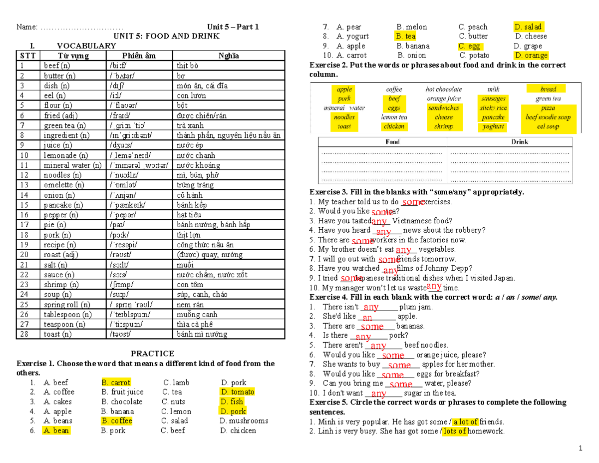 U5P1 - Food and Drink Vocabulary and Exercises for Grade 7 - Studocu