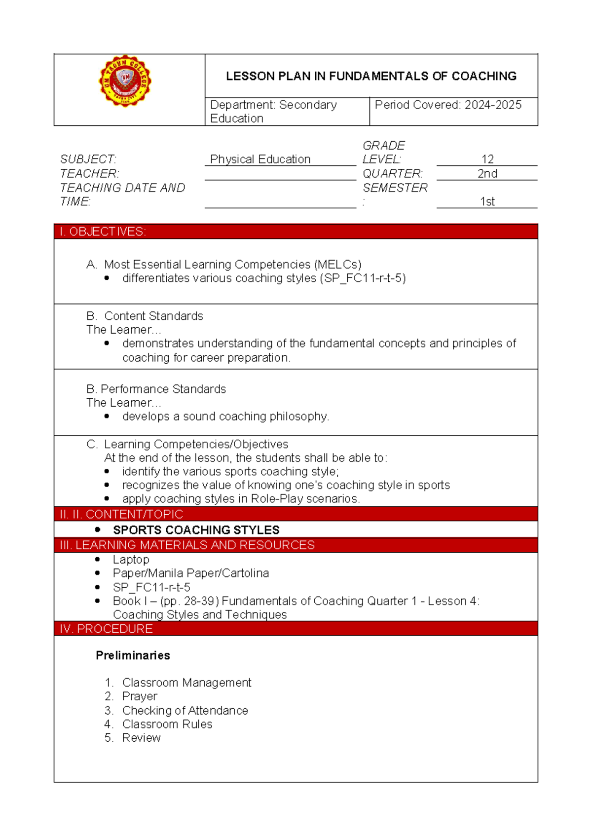 LP Fundamentals of Coaching - LESSON PLAN IN FUNDAMENTALS OF COACHING ...