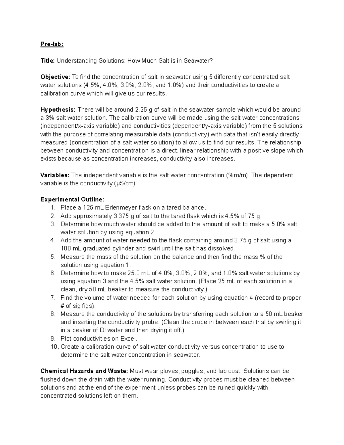 Lab Report: Solutions Analysis - Concentration of Salt in Seawater ...