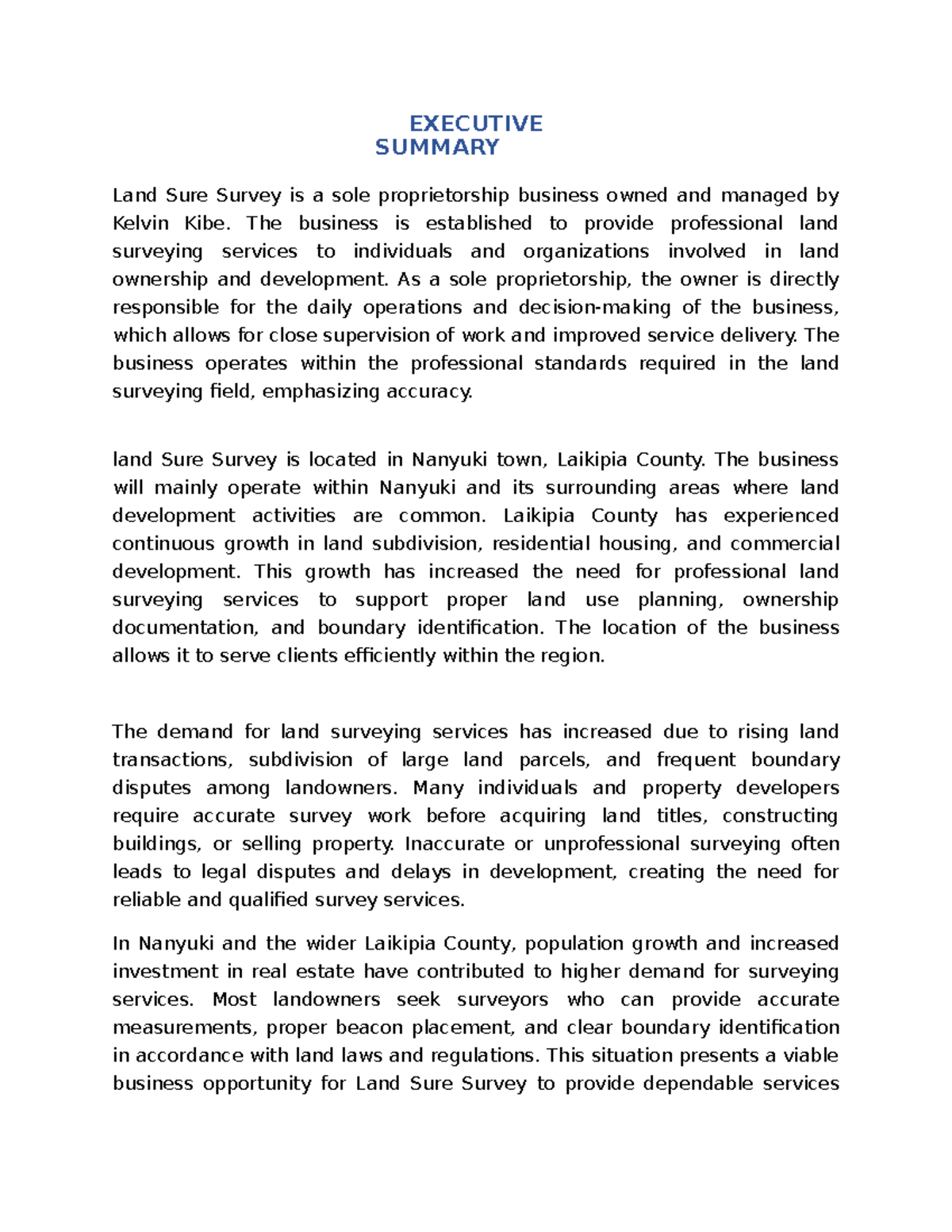 EXECUTIVE SUMMARY: Land Sure Survey Business Overview - Rev. Notes ...