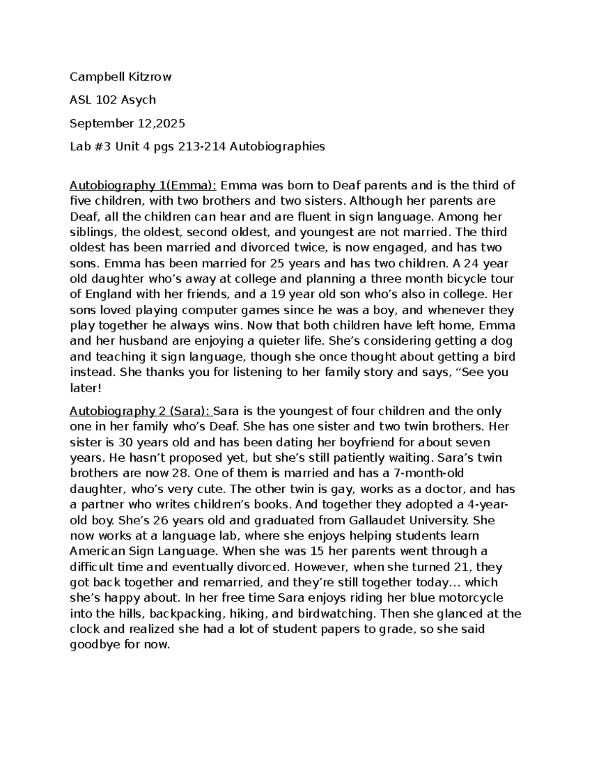 ASL 102 Lab 4: Autobiographies of Emma and Sara - Studocu