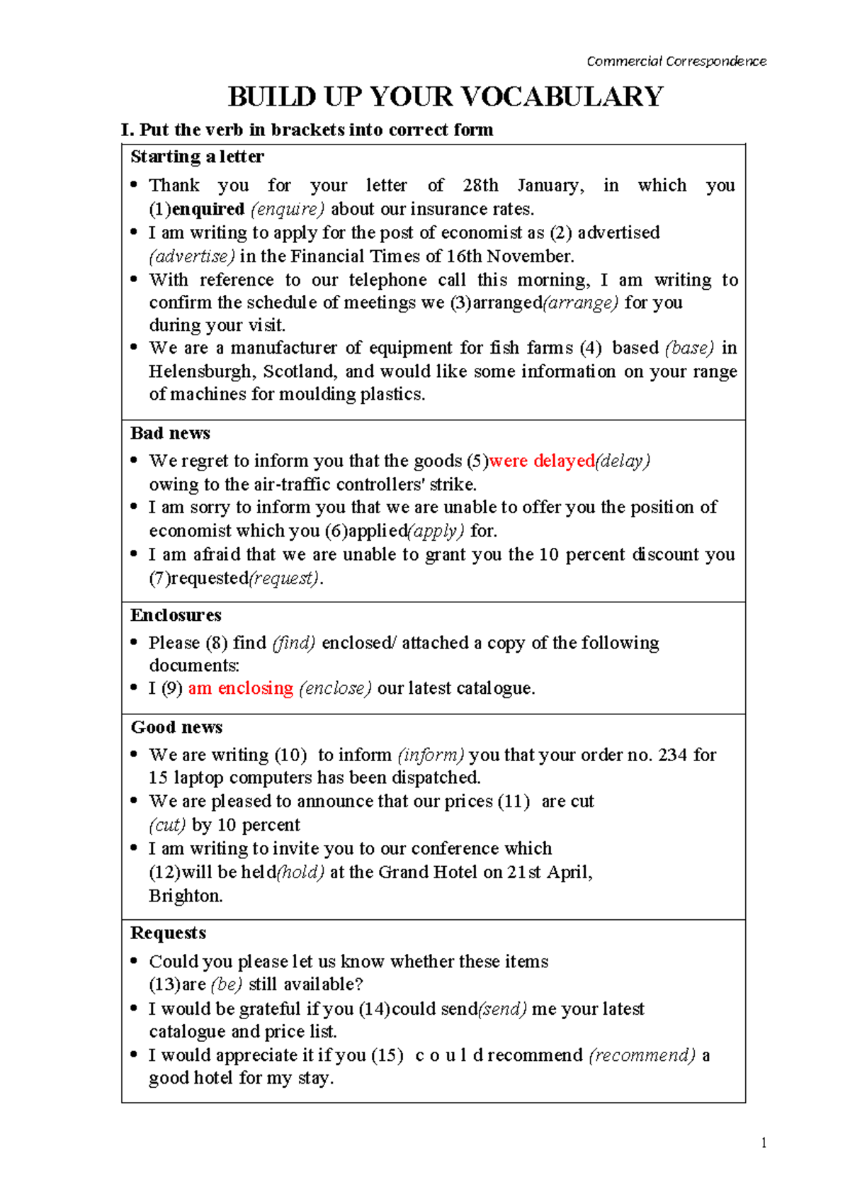 SS3 Vocabulary In Use - BUILD UP YOUR VOCABULARY I. Put the verb in ...