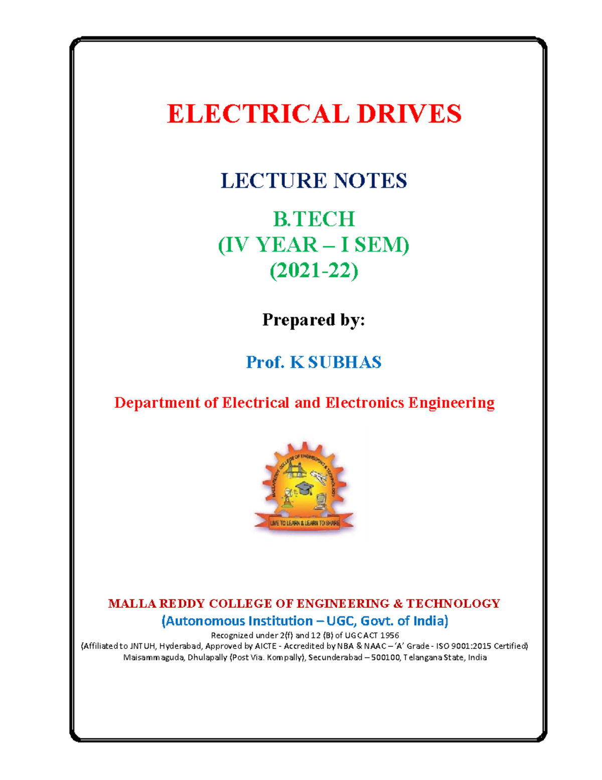 Electrical Drives Lecture Notes (IV Year - I Sem) - Studocu