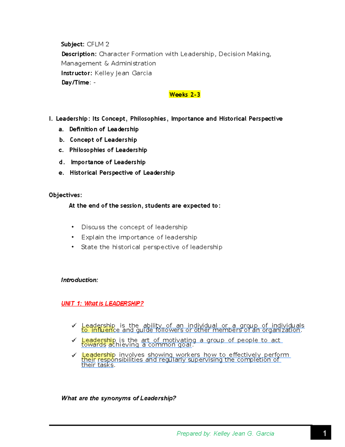 CFLM 2 Lecture Notes: Character Formation in Leadership and Management ...