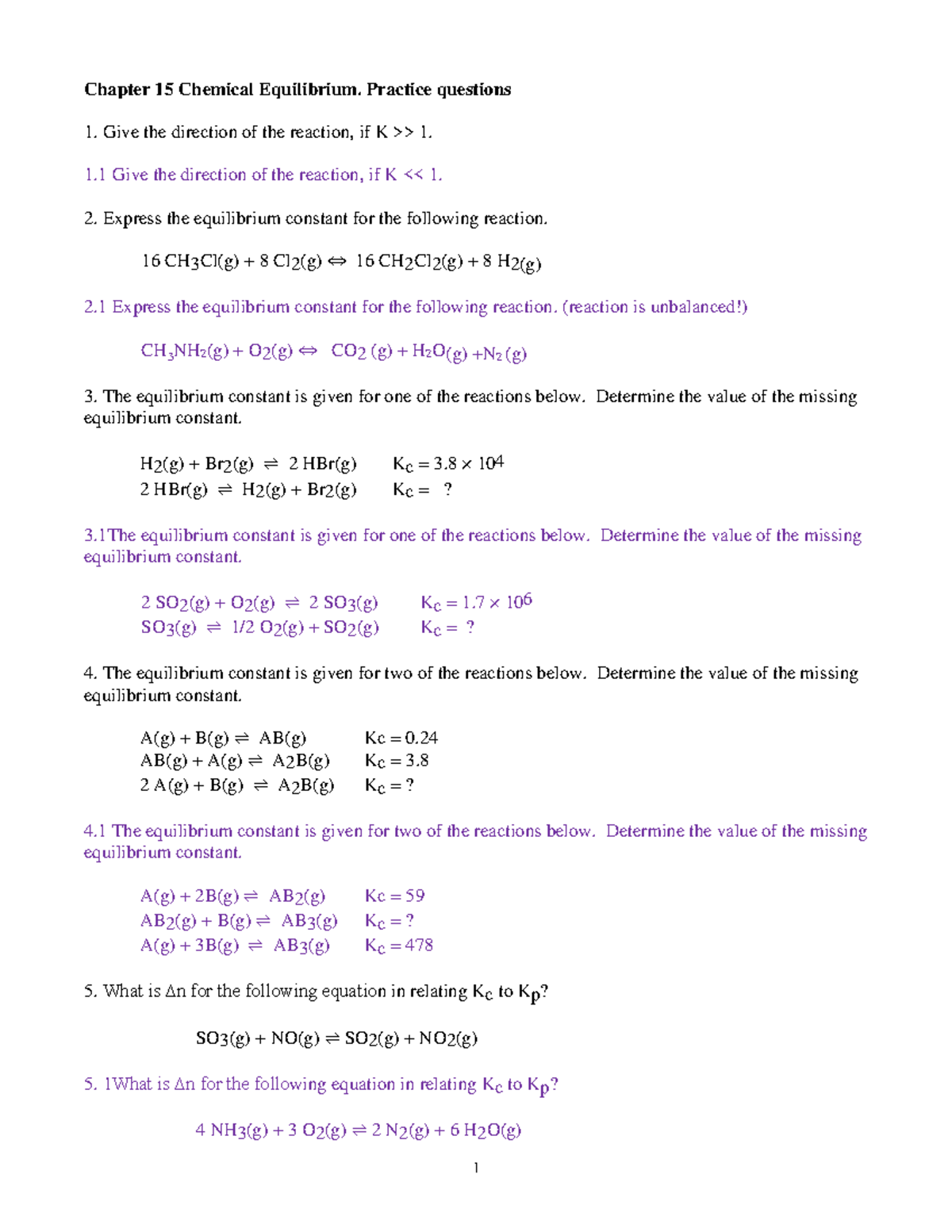 Chapter 15 Chemical Equilibrium: Selected Practice Questions (Summer ...