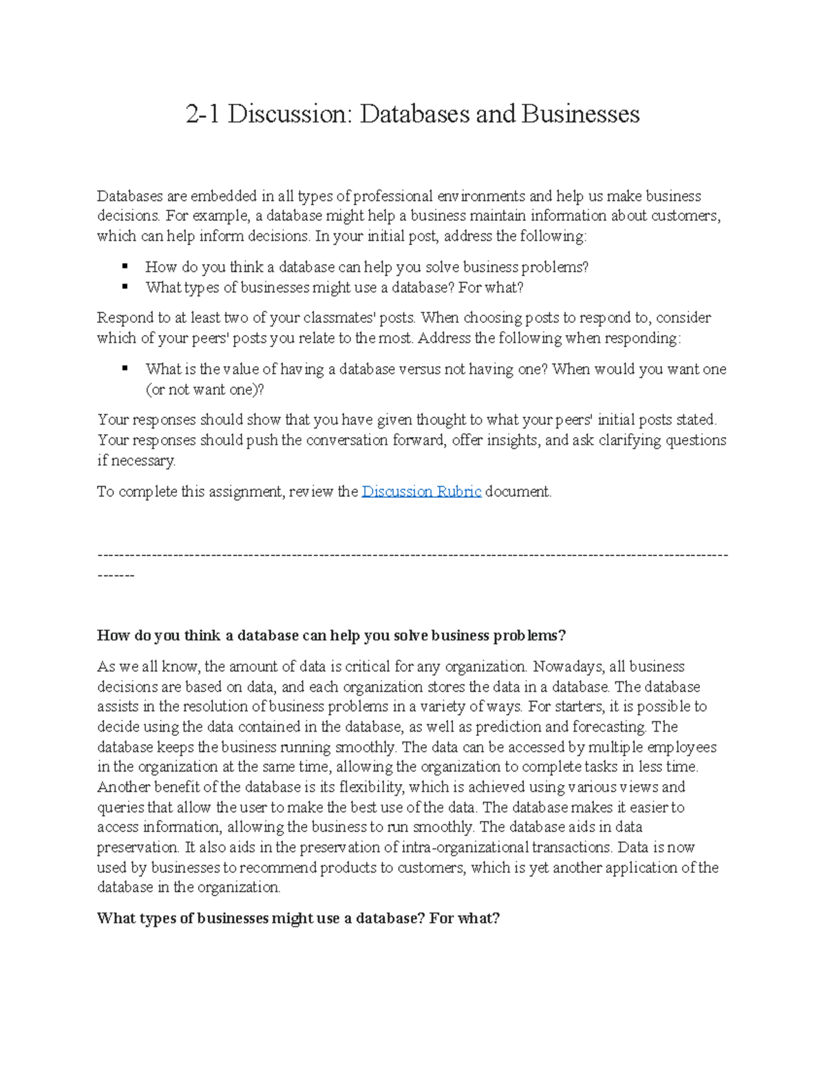 2-1 Discussion Databases and Businesses 1 - 2-1 Discussion: Databases ...