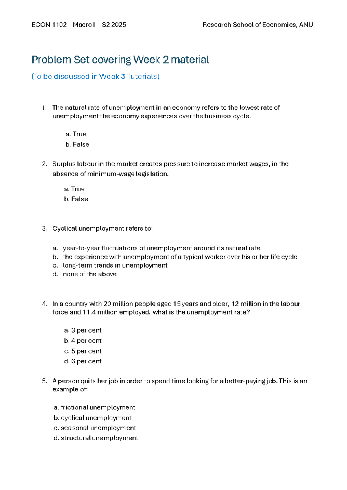 ECON 1102 Macro I S2 2025 Problem Set Week 2 for Tutorials - Studocu