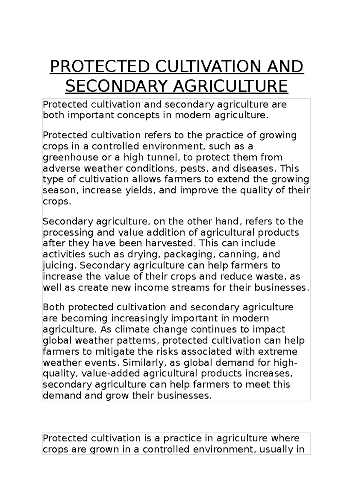 Protected Cultivation AND Secondary Agriculture - PROTECTED CULTIVATION ...