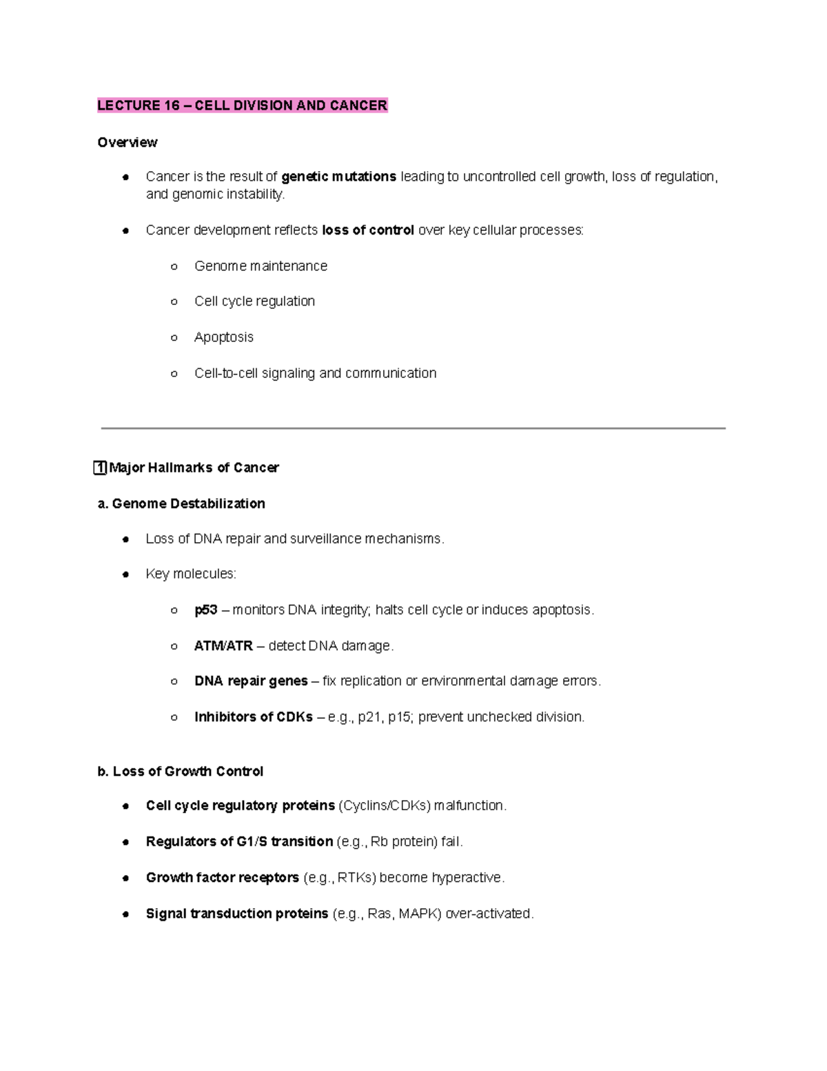 LECTURE 16 & 17: CELL DIVISION, CANCER, & DNA DAMAGE Exam Notes - Studocu