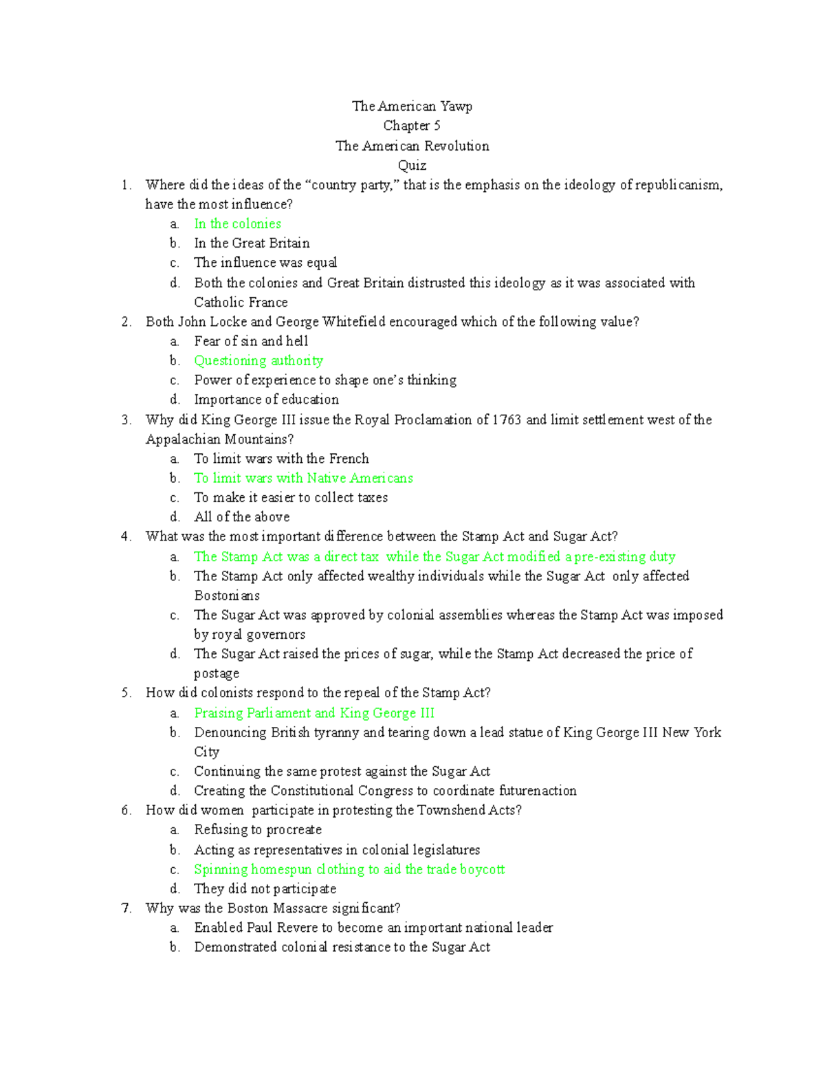 The American Yawp Ch. 5 Quiz: Understanding the Revolution - Studocu
