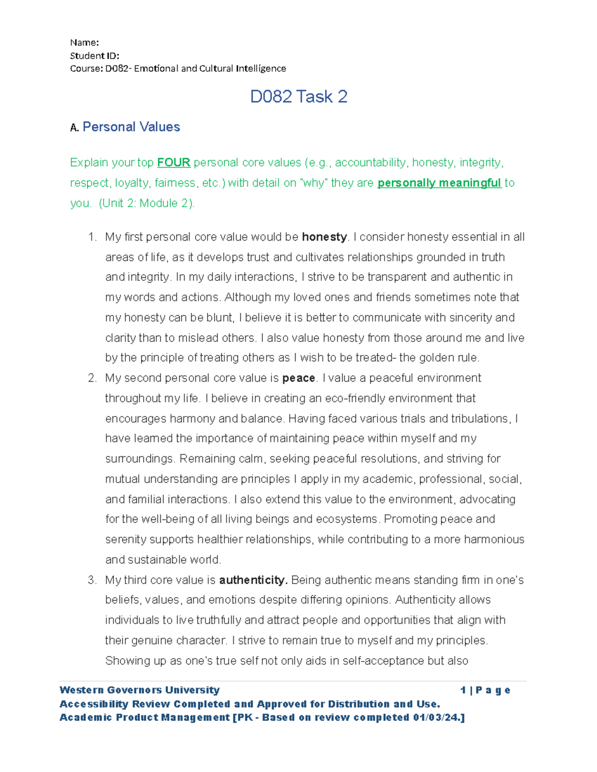 D082 Task 2: Personal Core Values & Their Impact on Emotional ...