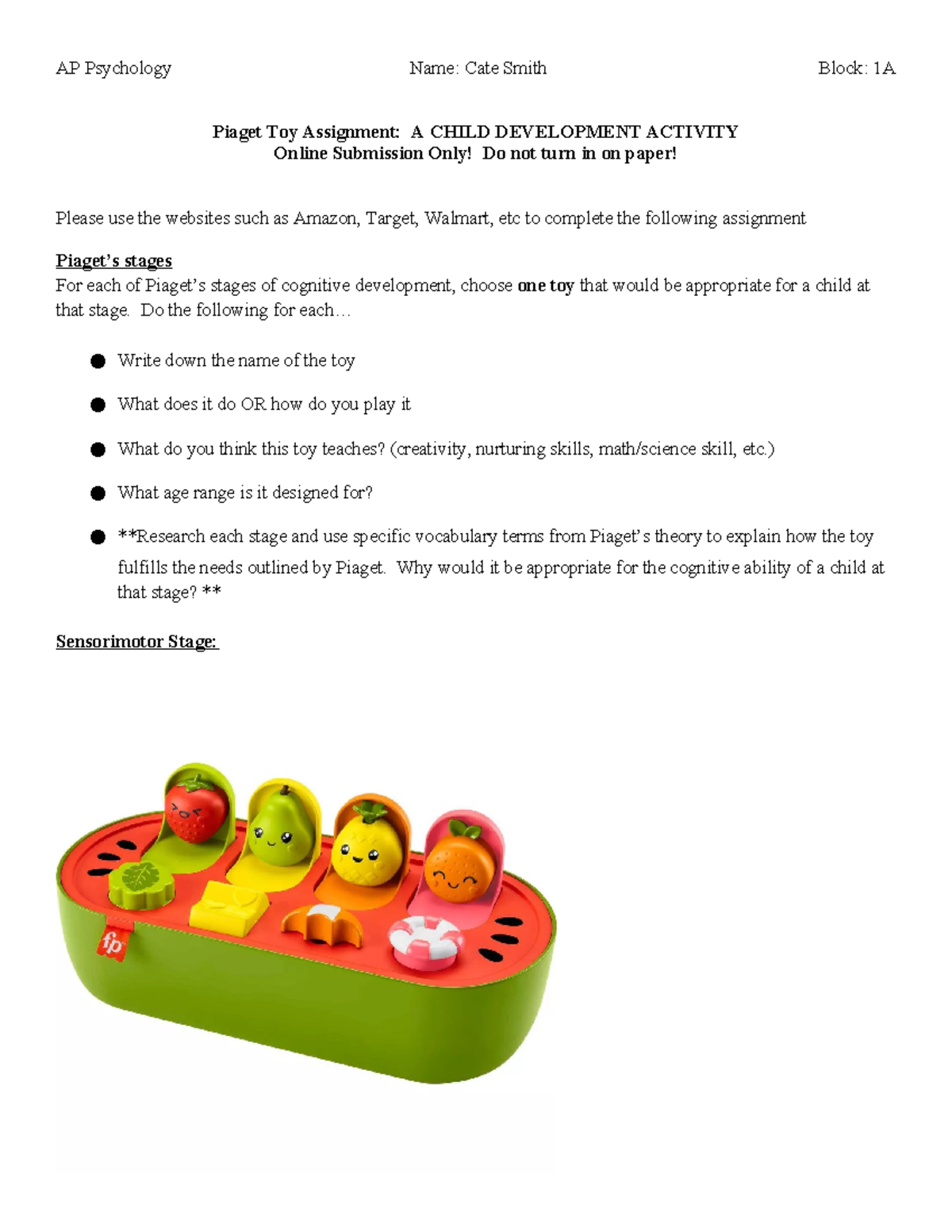 Piaget Toy Assignment for AP Psychology: Developmental Stages Analysis ...