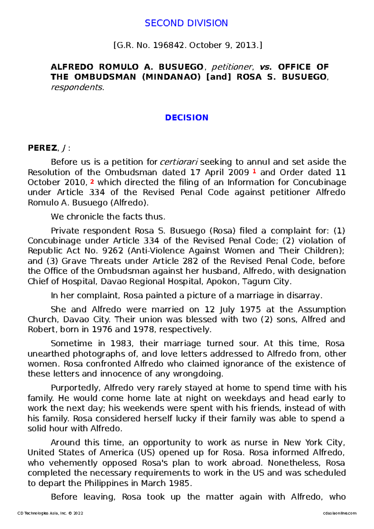 Busuego v. Ombudsman - Case Digest on Concubinage (G.R. No. 196842) - Studocu