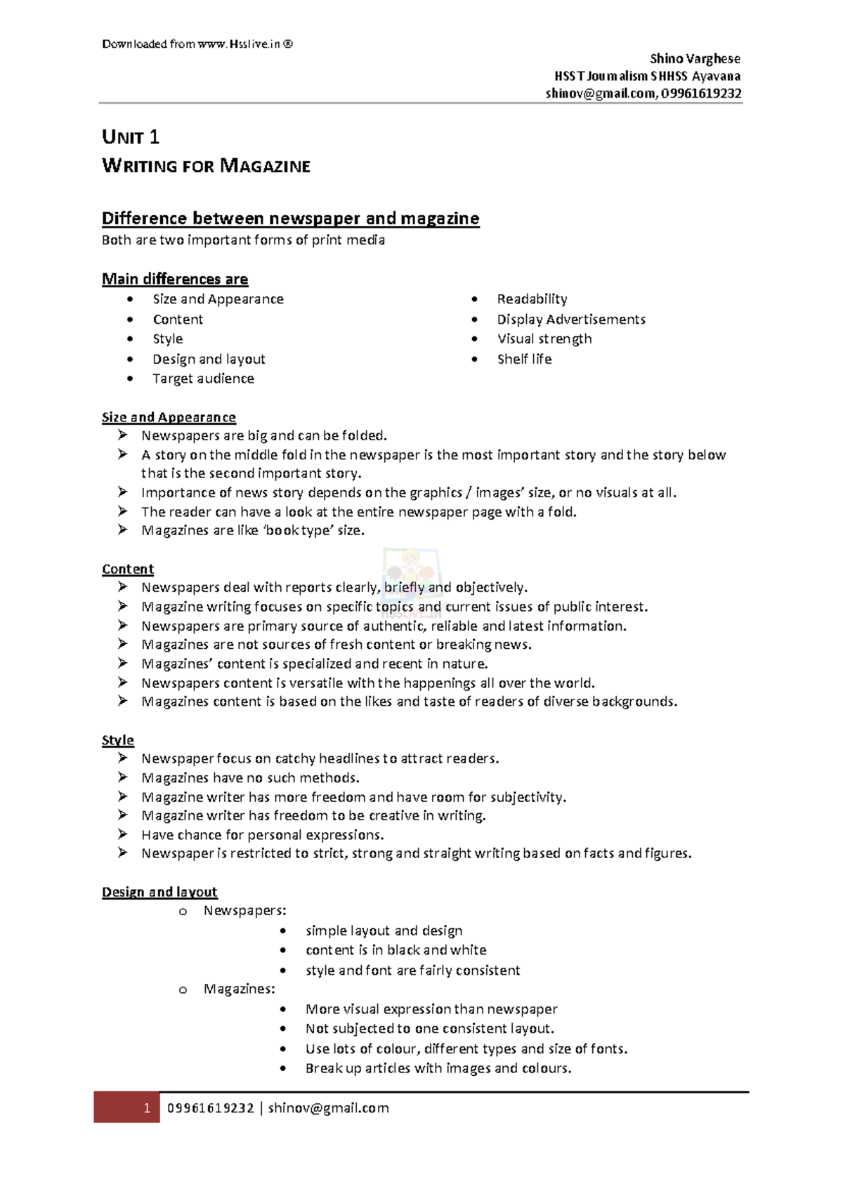 HSSLIVE XII Journalism Unit 1 Focus Notes: Writing for Magazines - Studocu