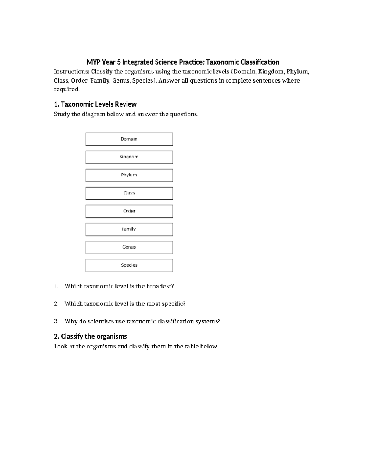 MYP Year 5 Integrated Science: Taxonomy Classification Practice - Studocu