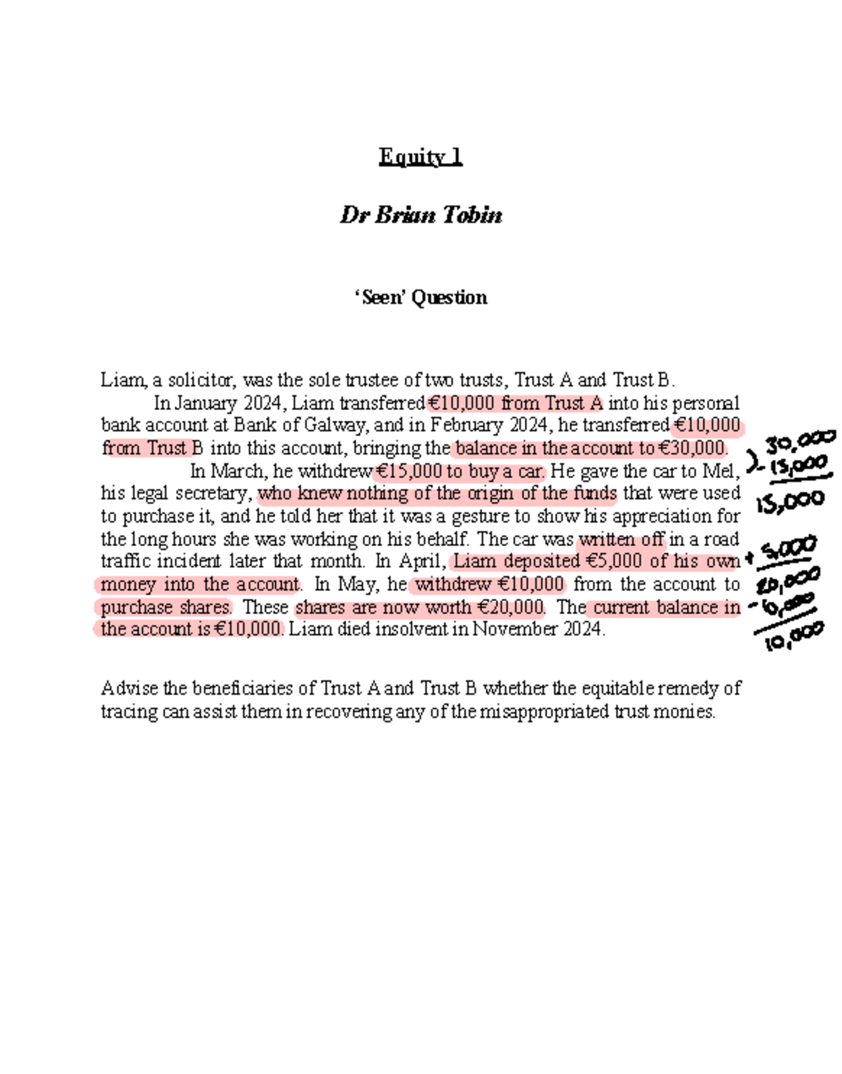 Equity 1 Final Exam: Tracing Trust Funds in Liam's Case - Studocu