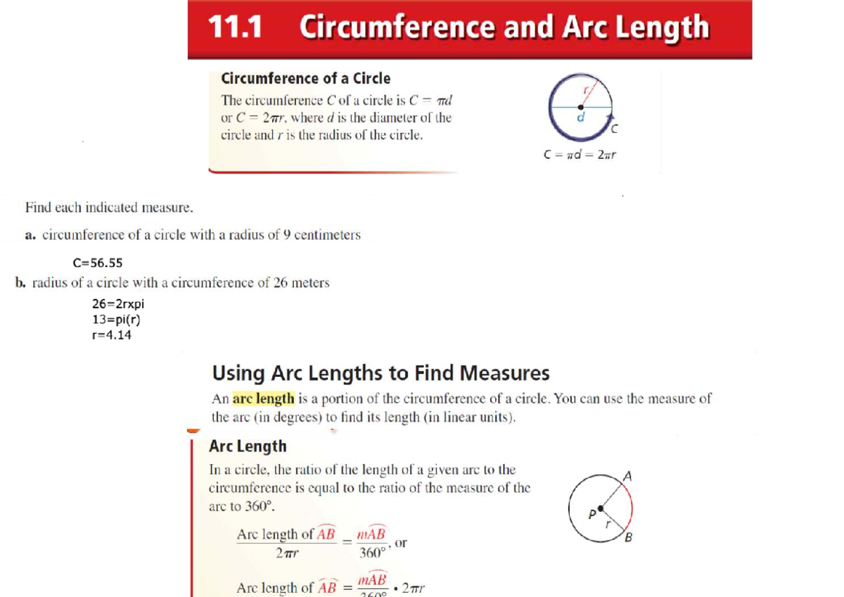 11.1 Circumference and Arc Length: Circle Measures and Calculations ...