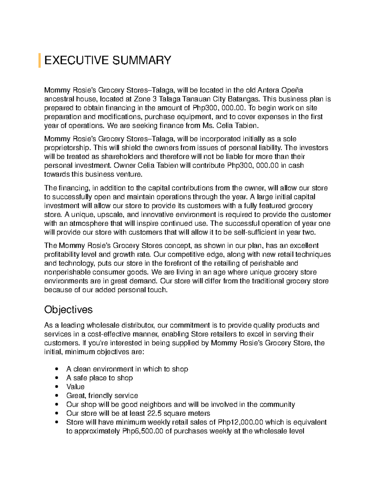 Executive Summary - Business Plan for Mommy Rosie’s Grocery Store ...