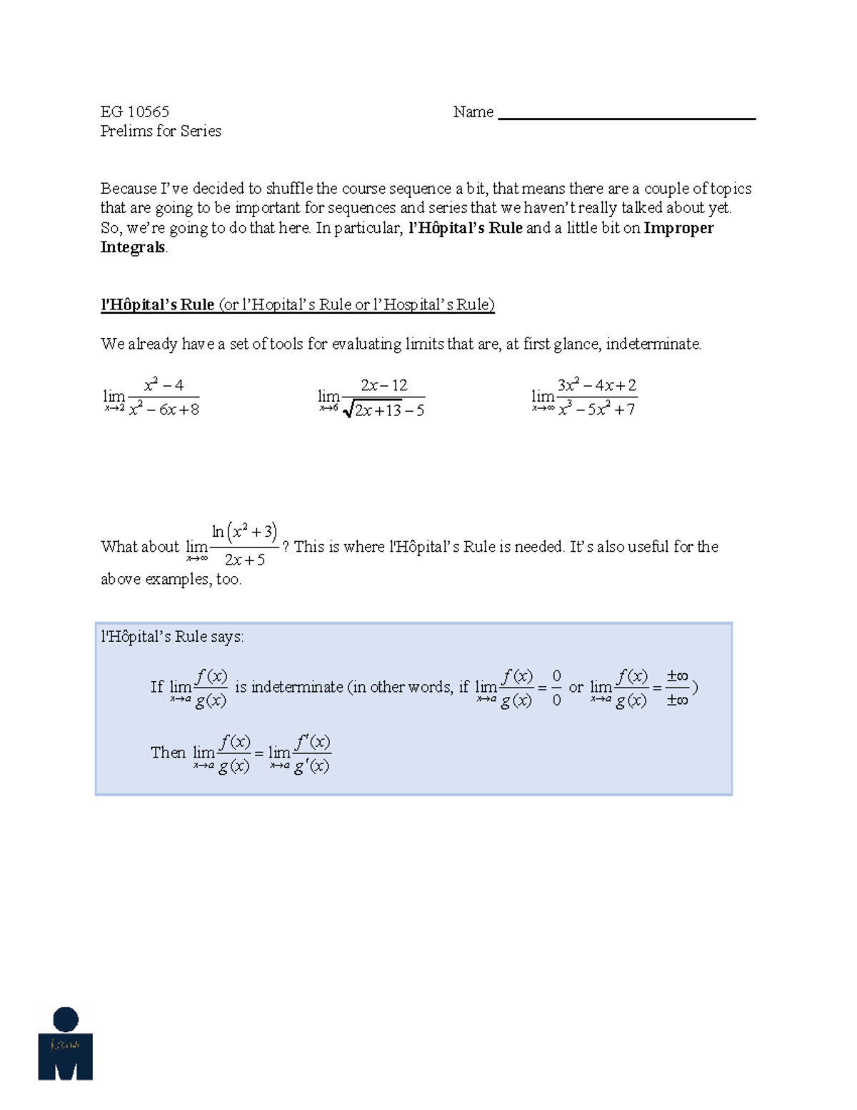 SS 04. Prelims Notes on l'Hôpital's Rule & Improper Integrals - Studocu