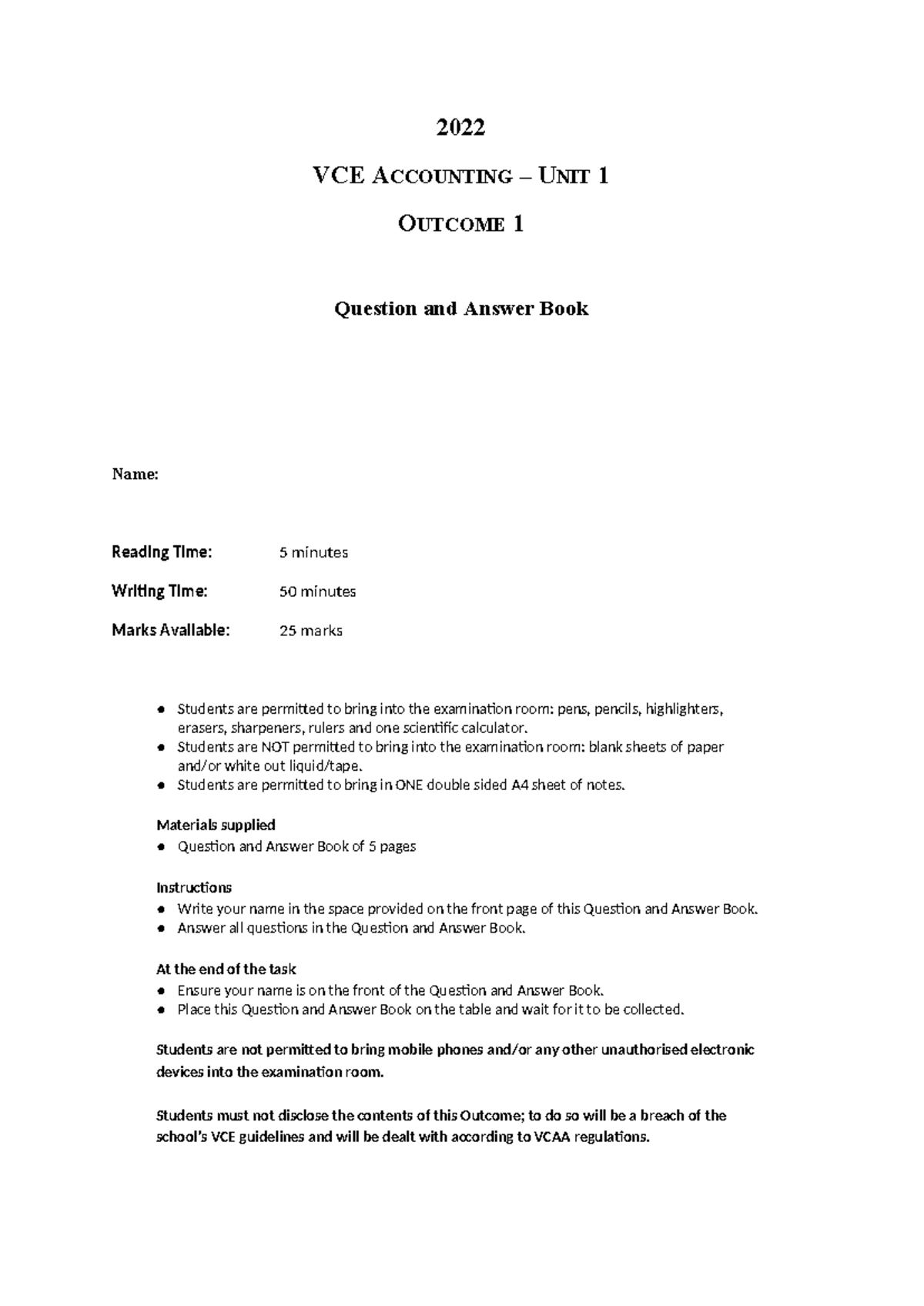 2022 VCE Accounting Unit 1 Outcome 1 Q&A Exam Guide - Studocu