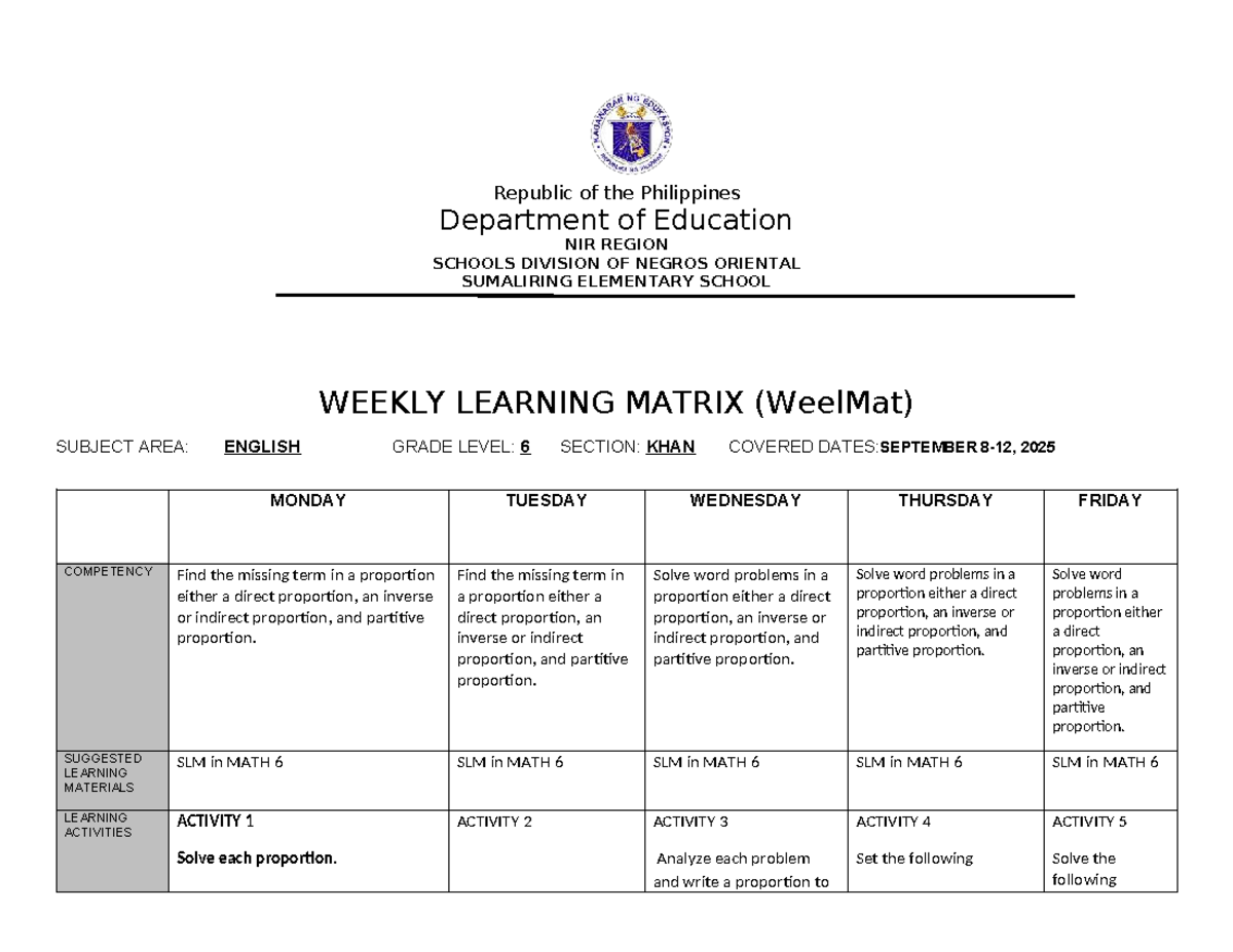 MATH 6 Weekly Learning Matrix (WeelMat) - Proportions & Activities ...