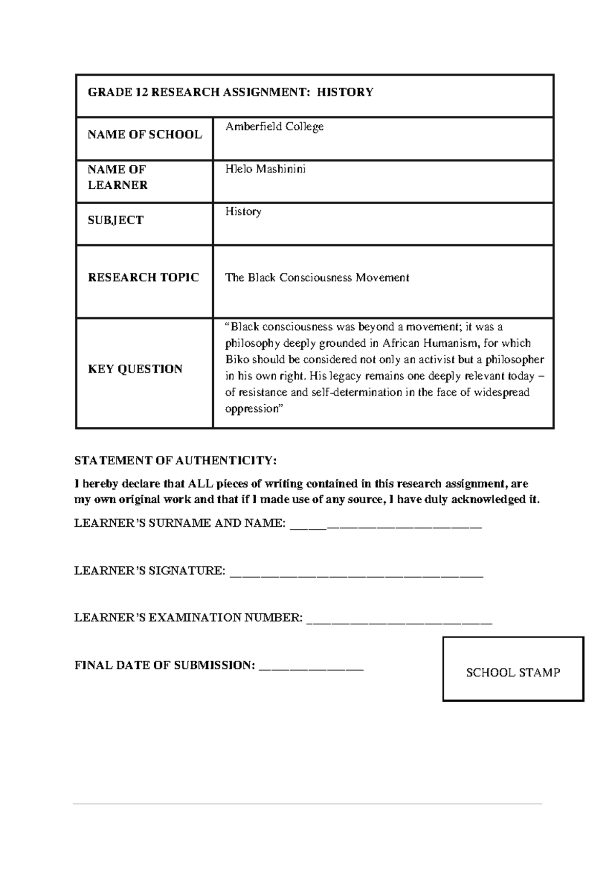 Grade 12 History Research Assignment: The Black Consciousness Movement ...