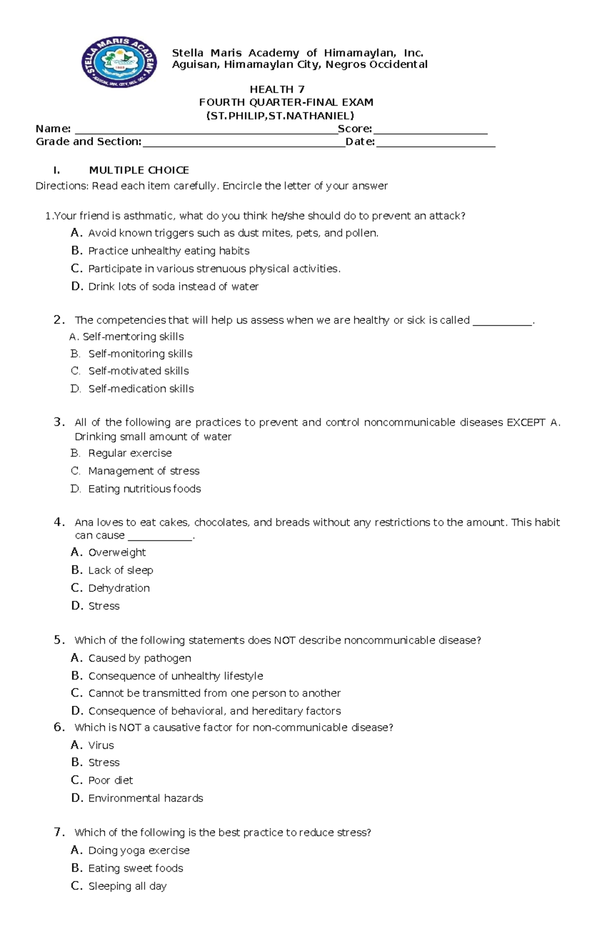 4EXAM Health - EXAM - Stella Maris Academy of Himamaylan, Inc. Aguisan ...