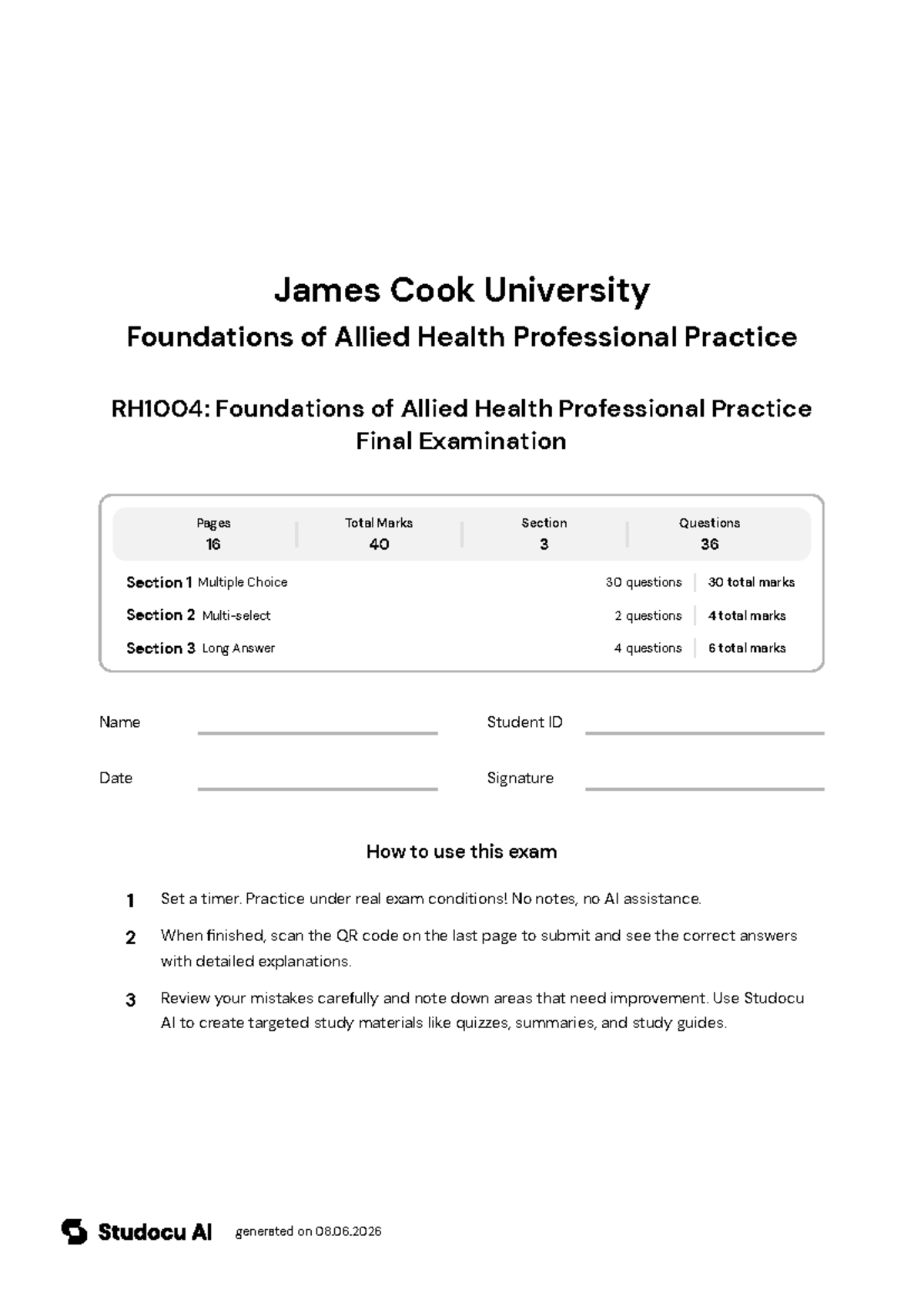 RH1004 Final Exam: Foundations of Allied Health Practice - Studocu