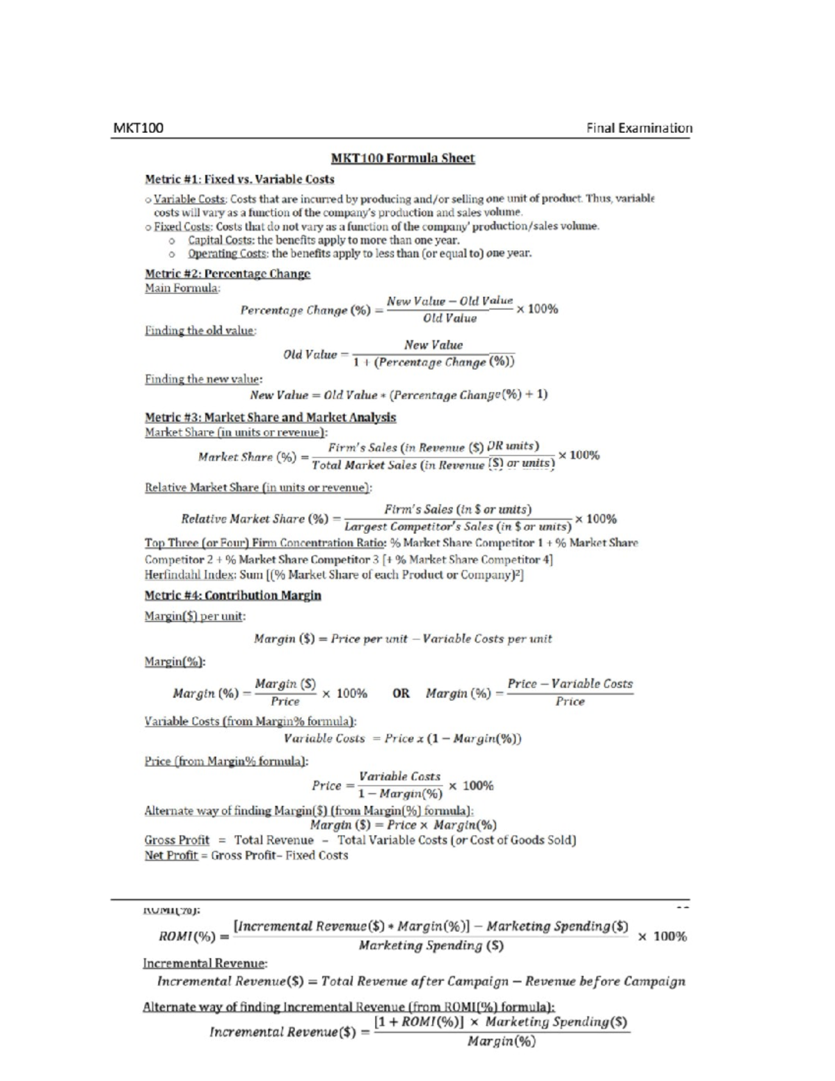 Formula Sheet-Final - MKT100 Final Examination MKT100 Formula Sheet ...