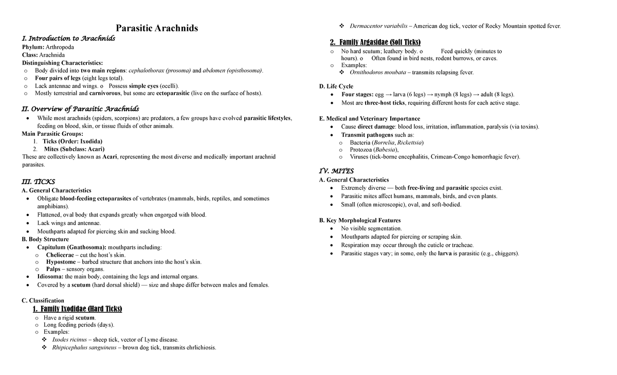 Parasitic Arachnids: Ticks and Mites Overview (Biology 101) - Studocu