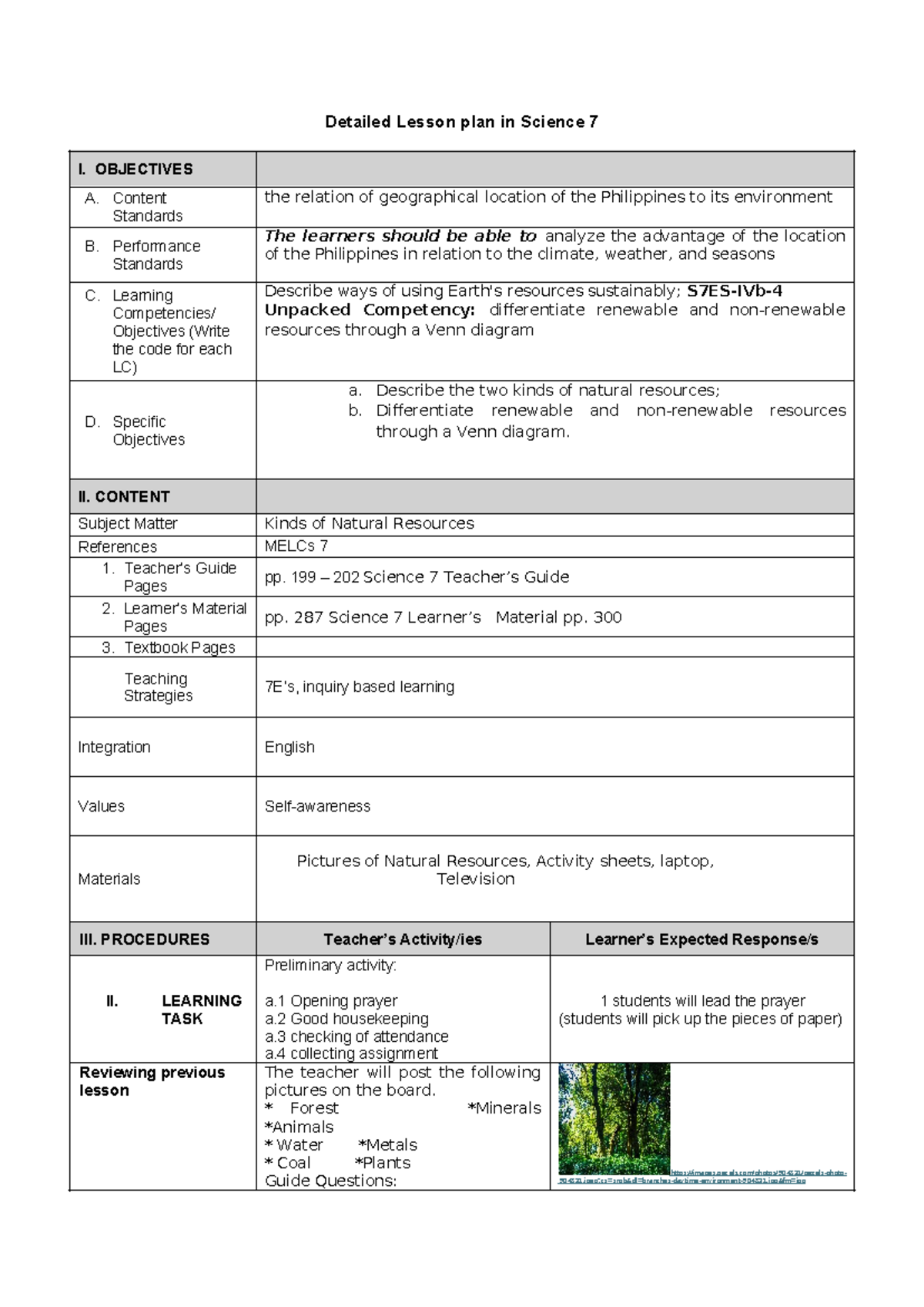 Detailed Lesson Plan in Science 7: Kinds of Natural Resources - Studocu