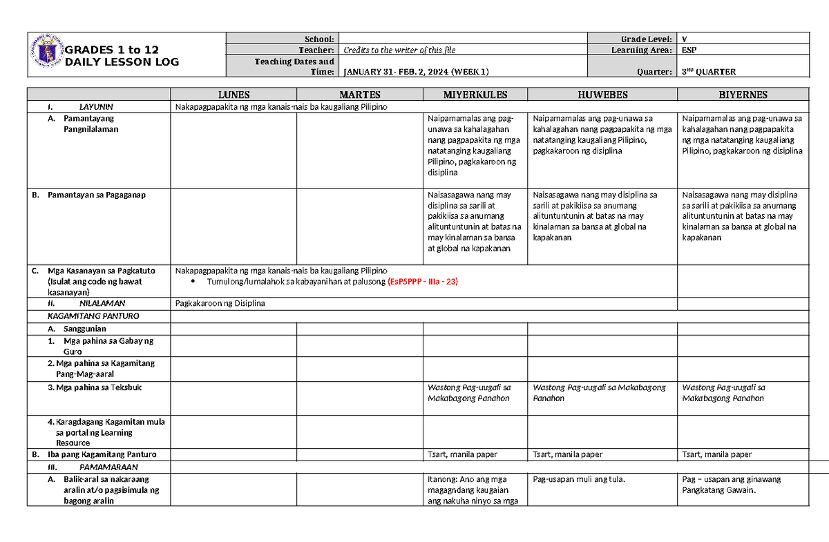 DLL ESP 5 Q3 W1 - Daily Lesson Log for Grades 1 to 12 - Studocu