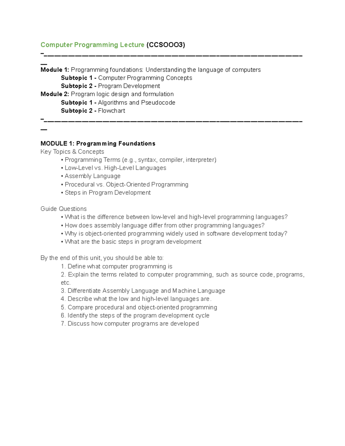Computer Programming M1-2 Lecture Notes: Foundations & Logic Design ...