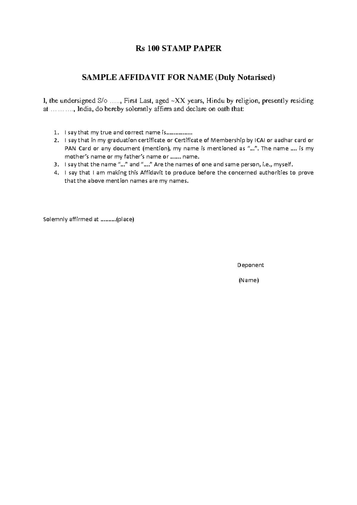 Sample Affidavit Format on Rs 100 Stamp Paper - Studocu