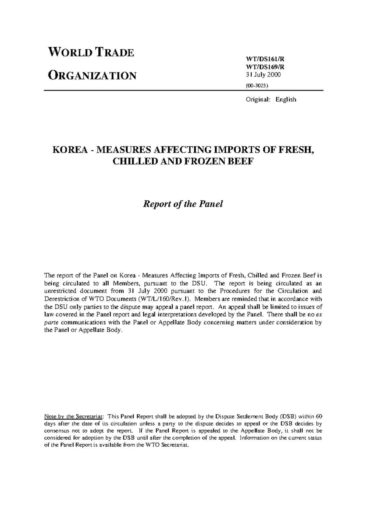 WTO Dispute Panel Report: Korea's Beef Import Measures (July 31) - Studocu