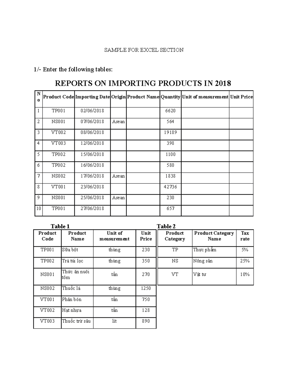 Sample FOR Excel Section - SAMPLE FOR EXCEL SECTION 1/- Enter the ...