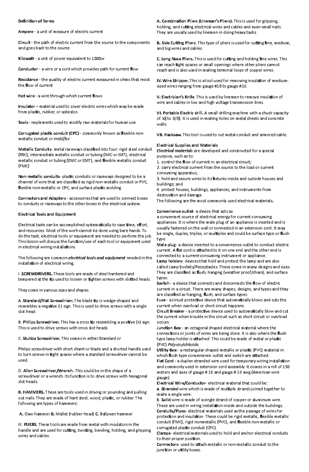 Electricity - eim - Definition of Terms Ampere - a unit of measure of ...