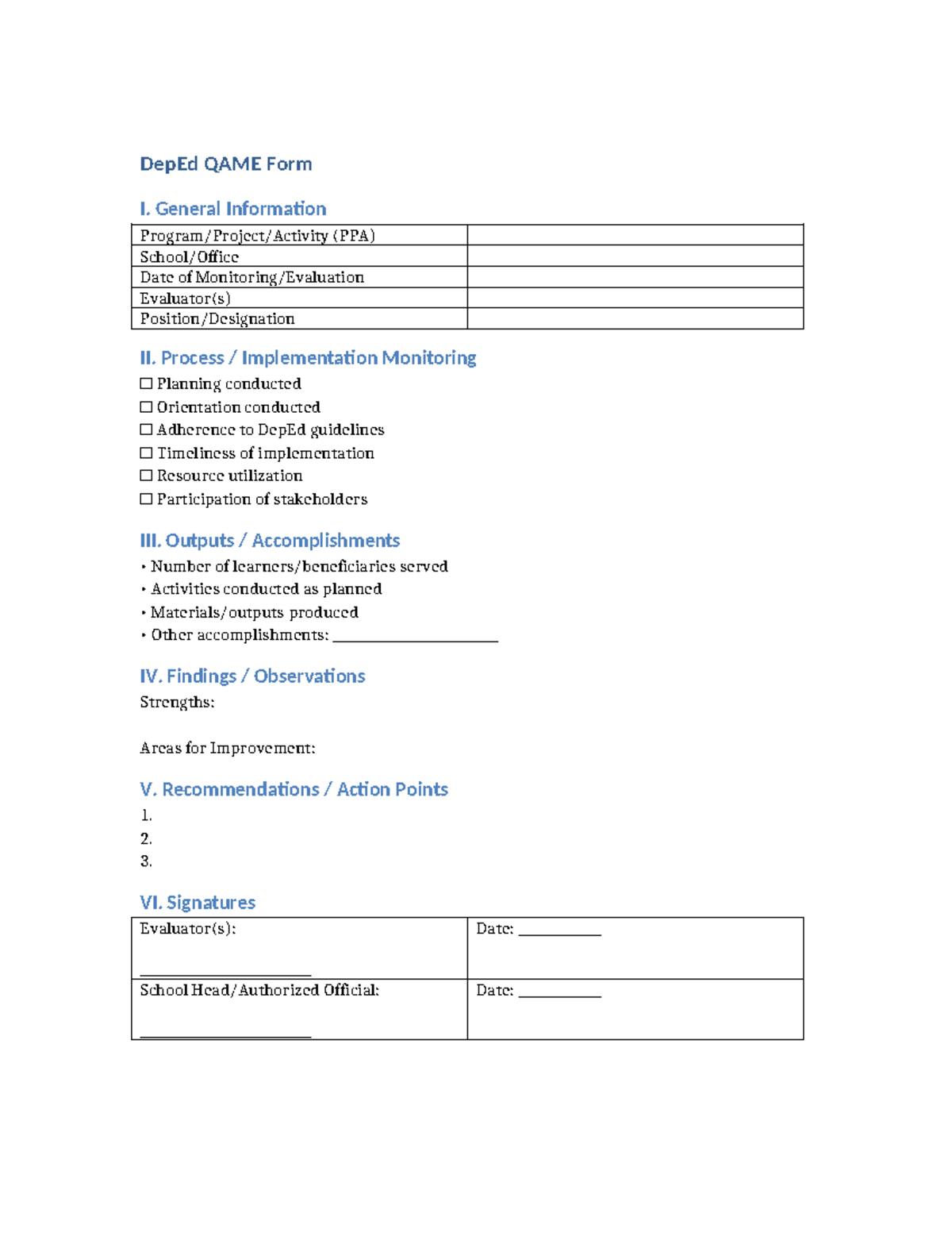 Dep Ed QAME Form - Monitoring - DepEd QAME Form I. General Information ...