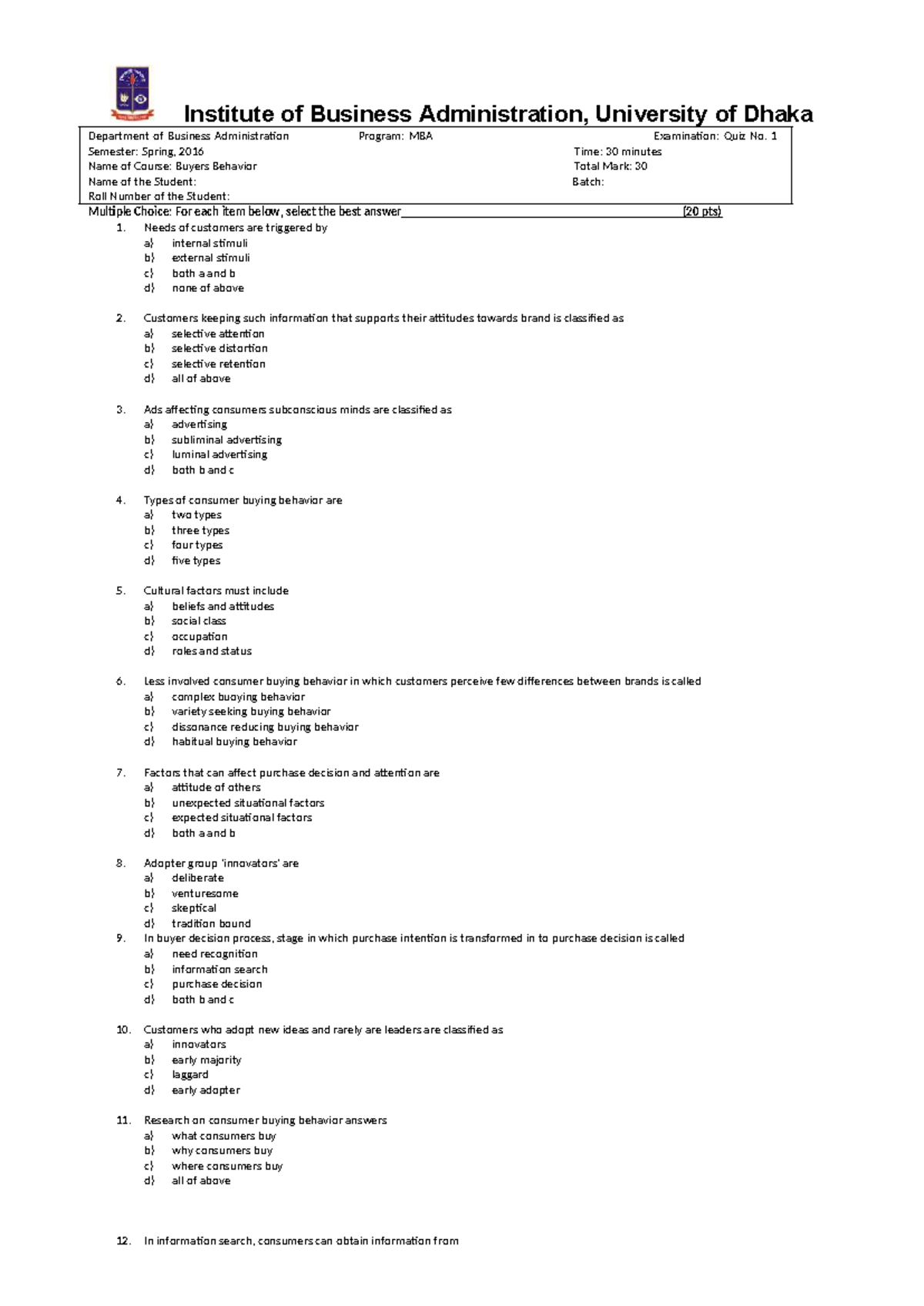 IBA MBA Quiz No. 1: Buyers Behavior - Spring 2016 - Studocu