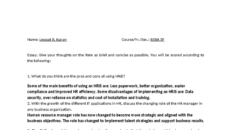 BA 101-315 Module 1 Activity: HRIS Pros, Cons & HR Manager Role - Studocu
