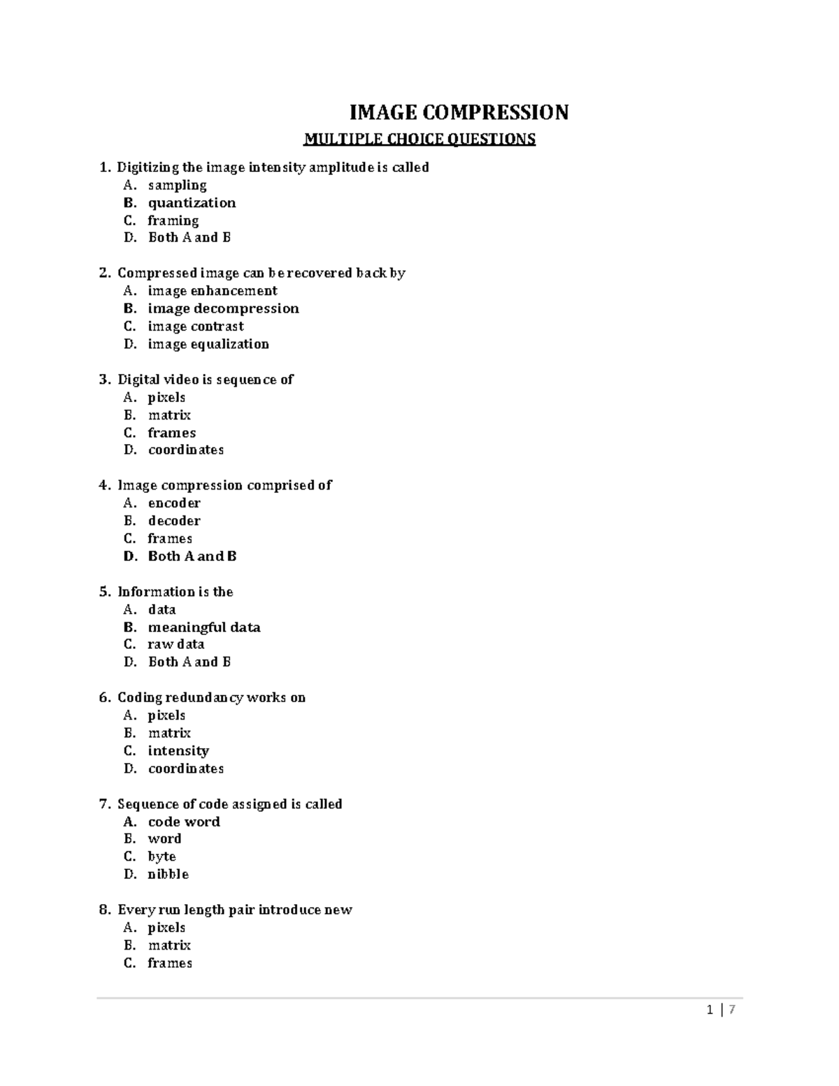 UNIT 2 Image Compression MCQ Practice Questions for Review - Studocu