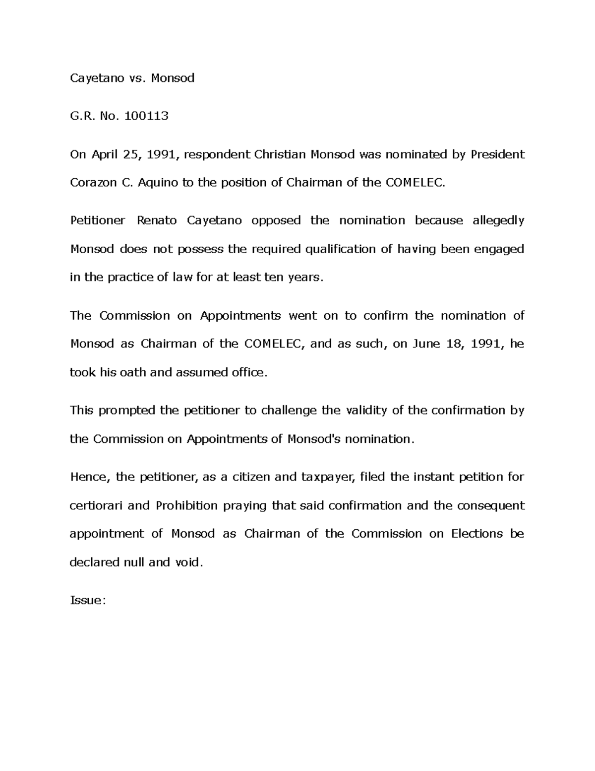 Cayetano vs. Monsod G.R. No. 100113 Case Digest Summary & Analysis ...