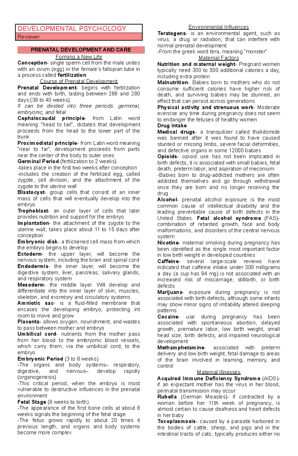 DEVELOPMENTAL PSYCHOLOGY Reviewer: Prenatal Development and Care - Studocu