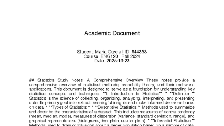 ENG120 Fall 2024: Comprehensive Statistics Study Notes - Studocu